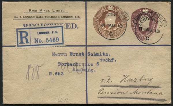 1913 registered envelope uprated 4d with Edward VII 1d and 3d embossed ...