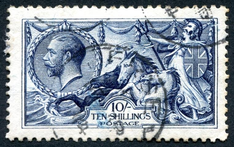 1913 SG402 10/- Indigo-Blue Waterlow Seahorse, F/U light cds cancels
