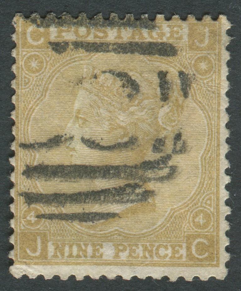 SG111 1867-80 9d Pale Straw PJ, Plate 4, Blunt Corner Perf but Fine Used