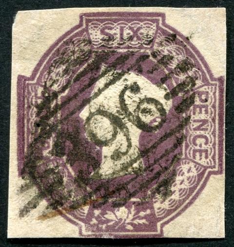1854 SG60wi 6d Purple Embossed cut square Wmk Inv, Irish 396 of Rosscommon