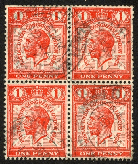SG435wi 1929 1d PUC, wmk INVERTED, fine used block of 4