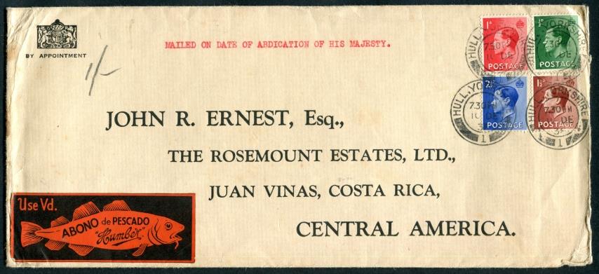 Ed. VIII 10 Dec 1936 Abdication cover to Costa Rica from Hull. ?d-2?d
