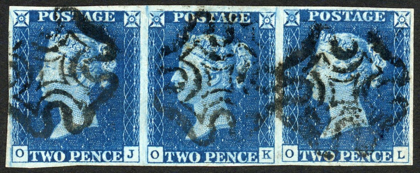 SG4 1840 2d deep full blue, plate 1, OJ-OL, strip of 3, all full margins