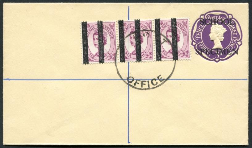 1960 3d Post Office Envelope overprinted SCHOOL SPECIMEN uprated 3x 6d ...