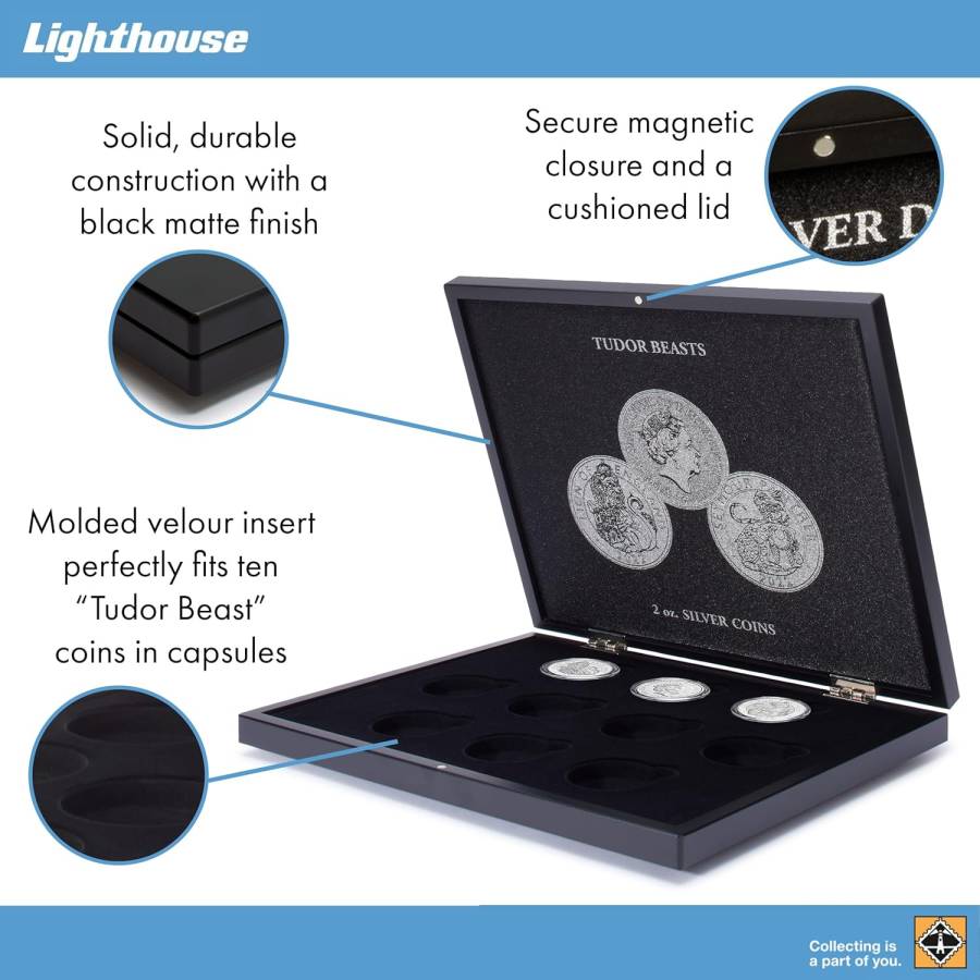 Presentation Case For 10 2-oz Tudor Beast Silver Coins. In Capsules, Black
