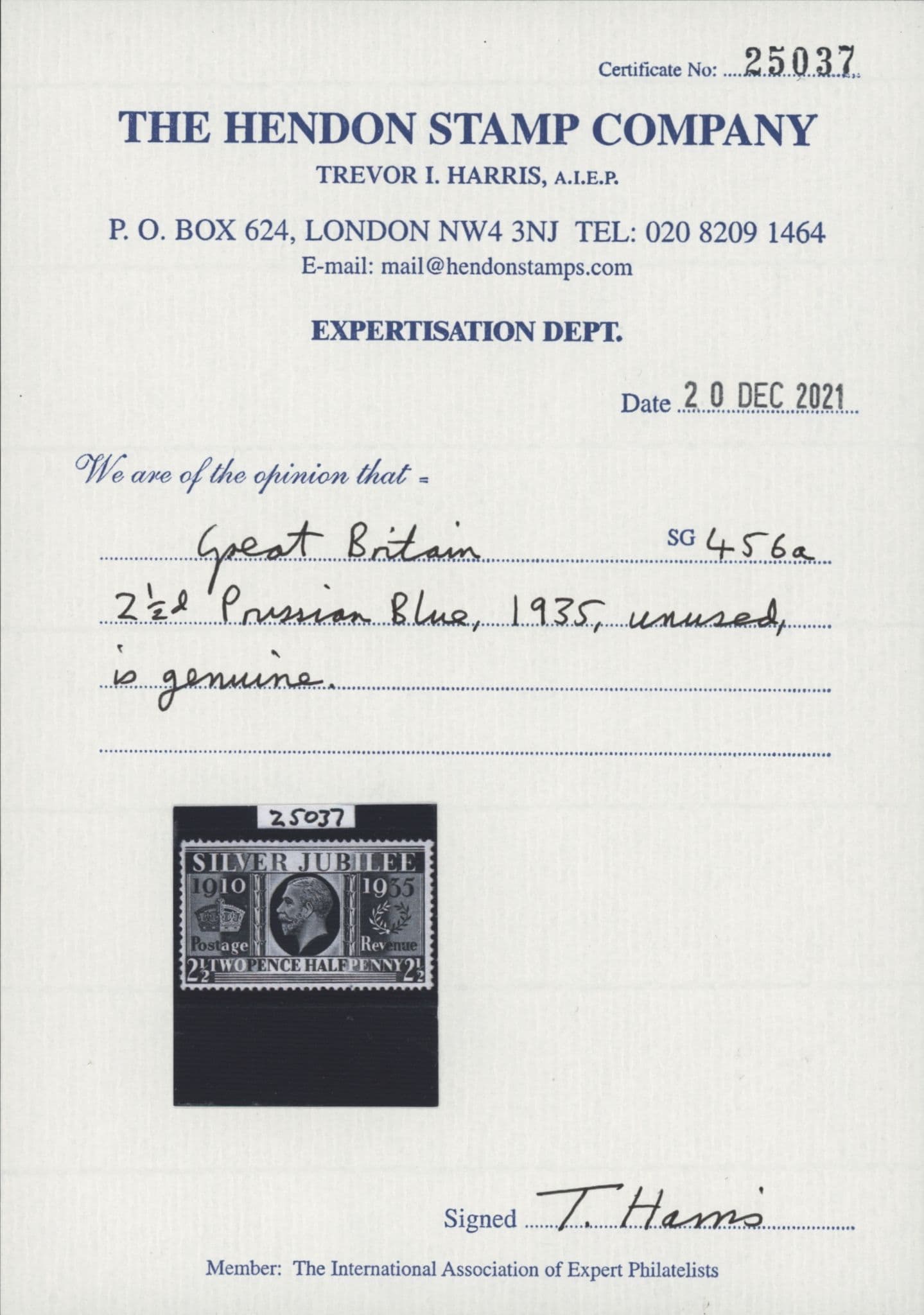 SG456a 2d Prussian Blue with Certificate a great rarity