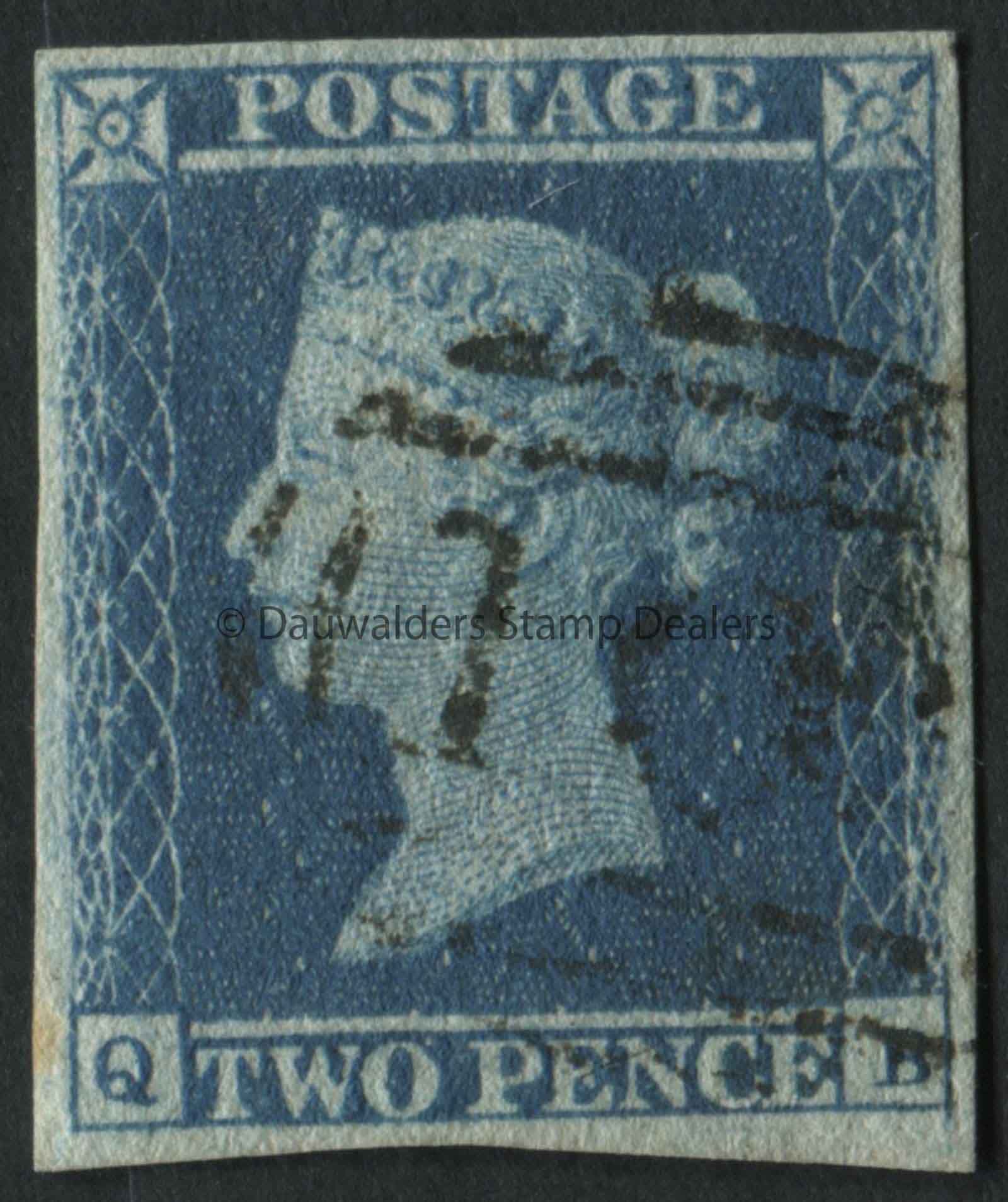 1841 2d Blue Imperf - wmk small crown white lines added