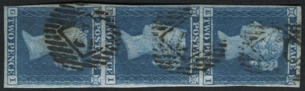 SG14 2d Blue EI-GI a F/U vertical strip of 3 with margins all round
