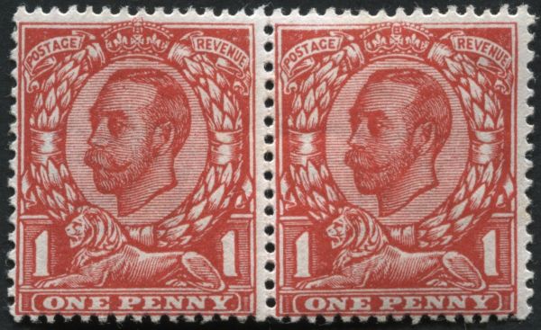 SG341A 1d Scarlet pair U/M one stamp No Cross on Crown