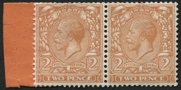 SG421b 1924-26 2d Orange horizontal pair with coil leader at left, Wmk ...